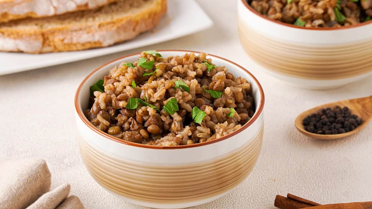 Mujadara Baked Brown Rice Casserole Recipe - Vegan in the Freezer